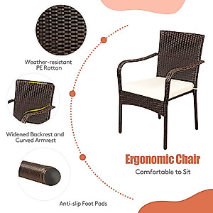 HAPPYGRILL 4 Pack Stackable Rattan Chairs Outdoor Patio Dining Chairs with Removable Cushions and Rustproof Steel Frame All-Weather PE Wicker Stacking Bistro Chairs for Balcony Garden Backyard