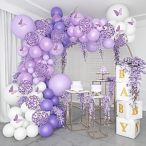 Pateeha Purple Balloon Garland Arch Kit 140 Pcs Purple Baby Shower Decorations for Girl Butterfly Sticker White Lavender Latex Balloons for Birthday Bridal Shower Wedding Decorations