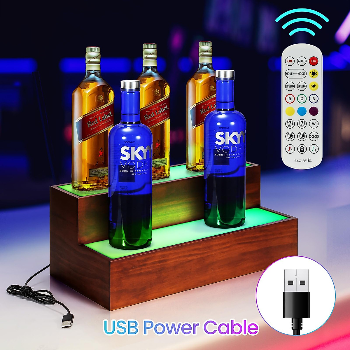 B4Life 2 Pack 16 Inch LED Lighted Liquor Bottle Display Shelf, 2 Tier LED Bar Shelves for Liquor Bottles, Bar Bottle Display Shelf, Lighted Liquor Shelf, Bar Lights for Liquor Shelves