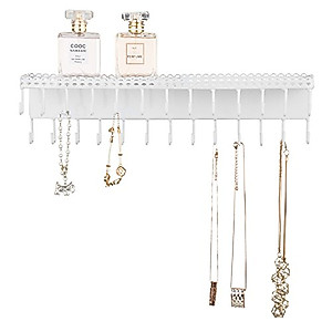 MyGift 26-Hook White Wall-Mounted Metal Jewelry Organizer with Display Shelf