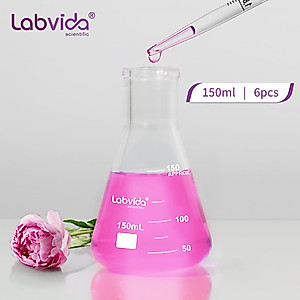 Labvida 6pcs of Narrow Mouth Glass Erlenmeyer Flasks, Vol.150ml, 3.3 Borocilicate with Printed Graduation, LVC002