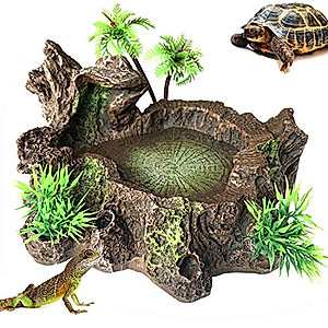PINVNBY Resin Reptile Platform Artificial Tree Trunk Reptile Tank Decor Food Water Dish Bowl for Bearded Dragon,Lizard, Gecko, Water Frog,Snake