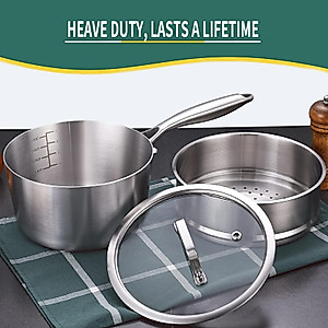 DELARLO Kitchen Tri-Ply Stainless 3-Quart Steamer Set With Glass Lid,with Ergonomic Handle, Multipurpose Sauce Pan, Sauce Pot，oven safe