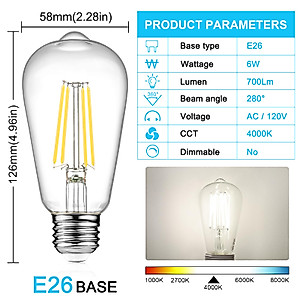 Ascher LED Edison Bulbs 6W, Equivalent 60W, High Brightness Daylight White 4000K, 700 Lumens, ST58 Vintage LED Filament Bulbs with 80+ CRI, E26 Base, Non-Dimmable, Clear Glass, 4 Packs