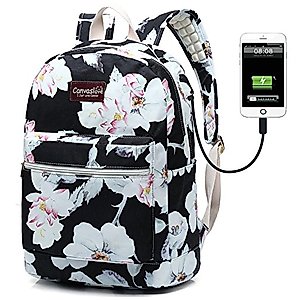 Canvaslove Canvas 15.6 inch Waterproof laptop backpack with USB Charging Port and Massage Cushion Straps for laptop up to 15 inch Men Women Outdoor Travel Backpack (Lotus)