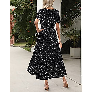 Maggeer 2024 Spring Summer Dress for Women Short Sleeve Cute High Low Flowy Graduation Engagement Bridal Shower Beach Maxi Dress Black Polka Dot M