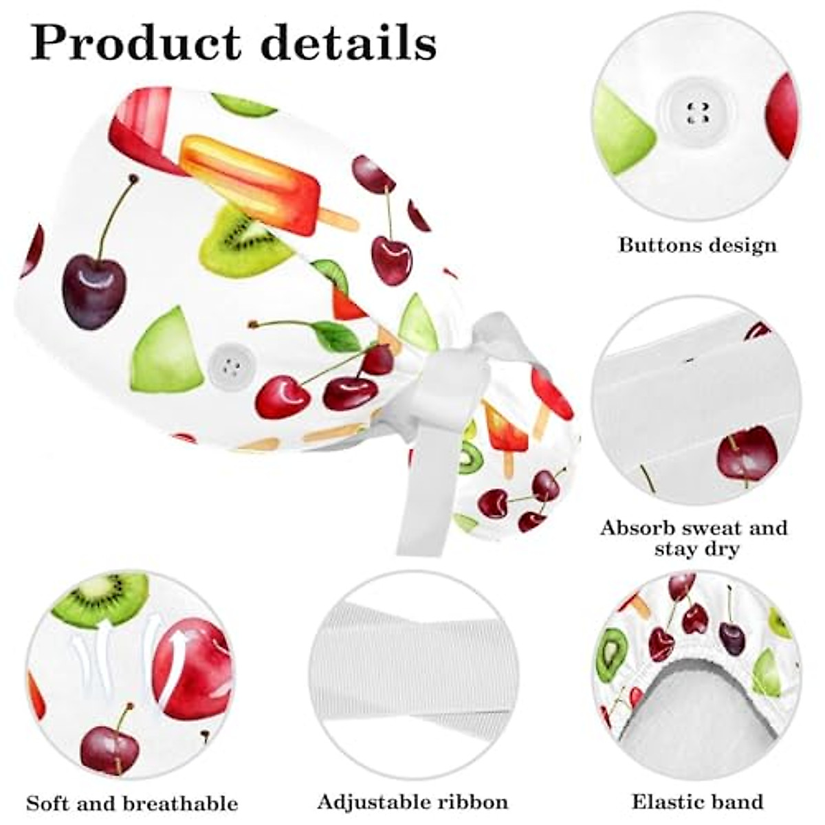 Nurse Scrub Caps,Scrub Hats with Buttons and Cotton Sweatband,Summer Ice Cream and Fruits
