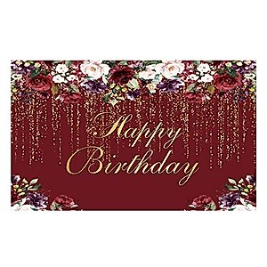Funnytree 7x5ft Happy Birthday Party Backdrop Burgundy Red Flowers Golden Glitter Floral Photography Background Women Lady Girl Cake Table Decorations 16th 30th 40th 50th 60th Banner Photo Booth