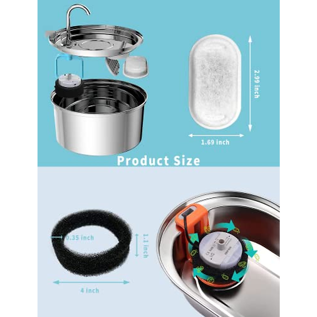 Cat Water Fountain Filters(8+8pcs), Replacement Filters for 3.2L/108oz(2L/ 67oz) Stainless Steel Pet Fountain, Dog Water Fountain, 8pcs Carbon Filters + 8pcs Sponges