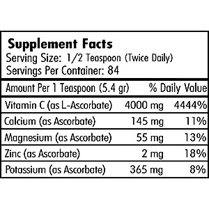 C-Salts Buffered Vitamin C Powder 4000mg, High Dose Vitamin C Supplement Drink, No Sodium, Ascorbate Megadose For Sensitive Stomachs, Corn Free Non-GMO Vegan Antioxidant Immune Energy Support 8oz