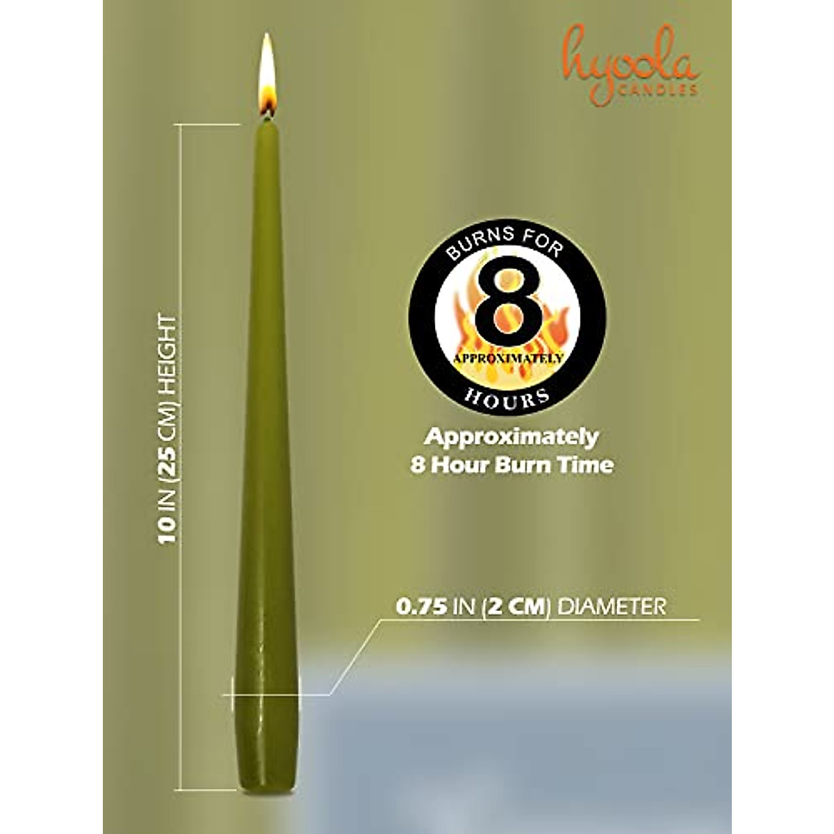 Hyoola Tall Taper Candles - 10 Inch Olive Green Unscented Dripless Taper Candles - 8 Hour Burn Time - 12 Pack
