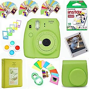 Fujifilm Instax Mini 9 Film Camera (Lime) + Film Pack(10 Shots) + Pleather Case + Filter Kit + Selfie Lens + Album + Self-Standing, Hanging Frames&Stick-on Frames Exclusive Instax Design Bundle