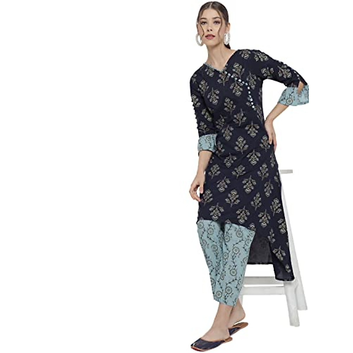 Yash Gallery Women's Cotton Floral Print A-line Kurta Pant Set (Blue)