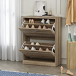 Homsee Modern Shoe Storage Cabinet with 2 Flip Drawers & Louver Doors, Wood 2-Tier Shoe Rack Storage Organizer for Entryway, Hallway & Bedroom, Brown (22.4”L x 9.4”W x 29.5”H)