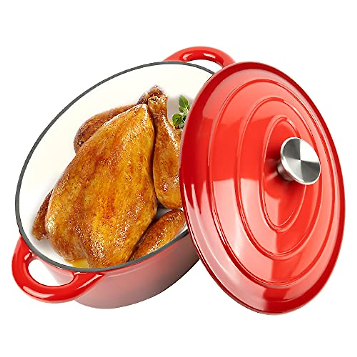 Kerilyn 4.5 QT Enameled Oval Dutch Oven Pot with Lid and Dual Handles, Cast Iron Dutch Oven for Cooking, Bread Baking, Non-stick Enamel Coated Cookware (Red)