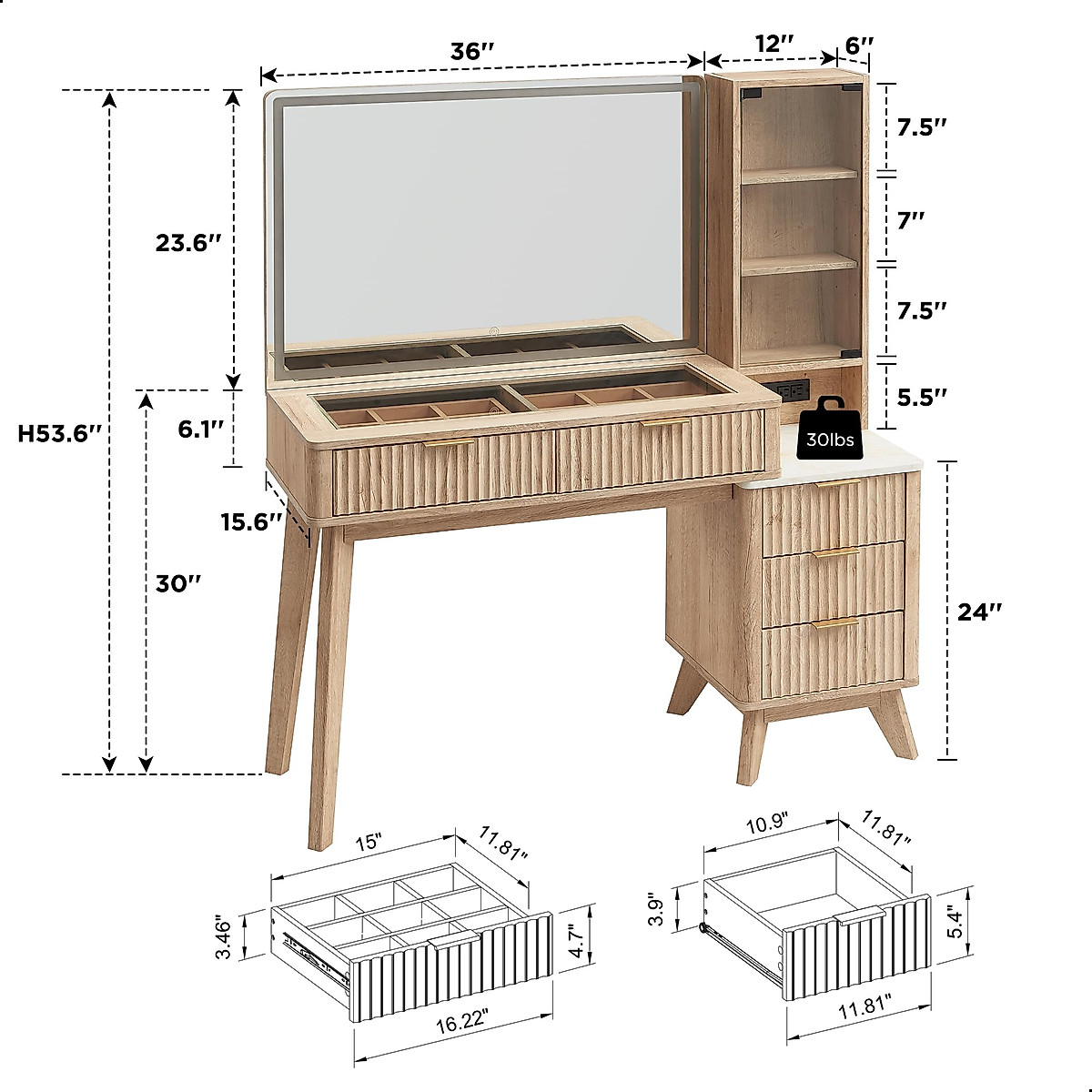 T4TREAM 48" Fluted Makeup Vanity Desk with Large 36" Mirror and Lights, Modern Glass Top Big Vanity Table with 5 Drawers & Adjustable Shelves, Dressing Table Set w/Charging Station for Bedroom, Oak