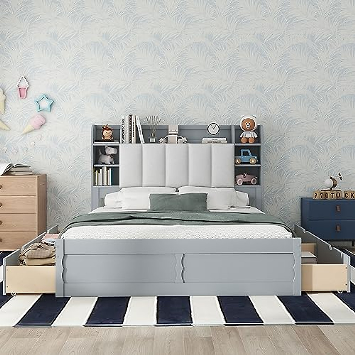 Rhomtree Queen Size Platform Bed, Storage Bed with Storage Headboard, Shelves and 4 Drawer, Wood Bed Frame, Platform Bed, No Box Spring Needed, Easy Assembly(Gray, Queen)