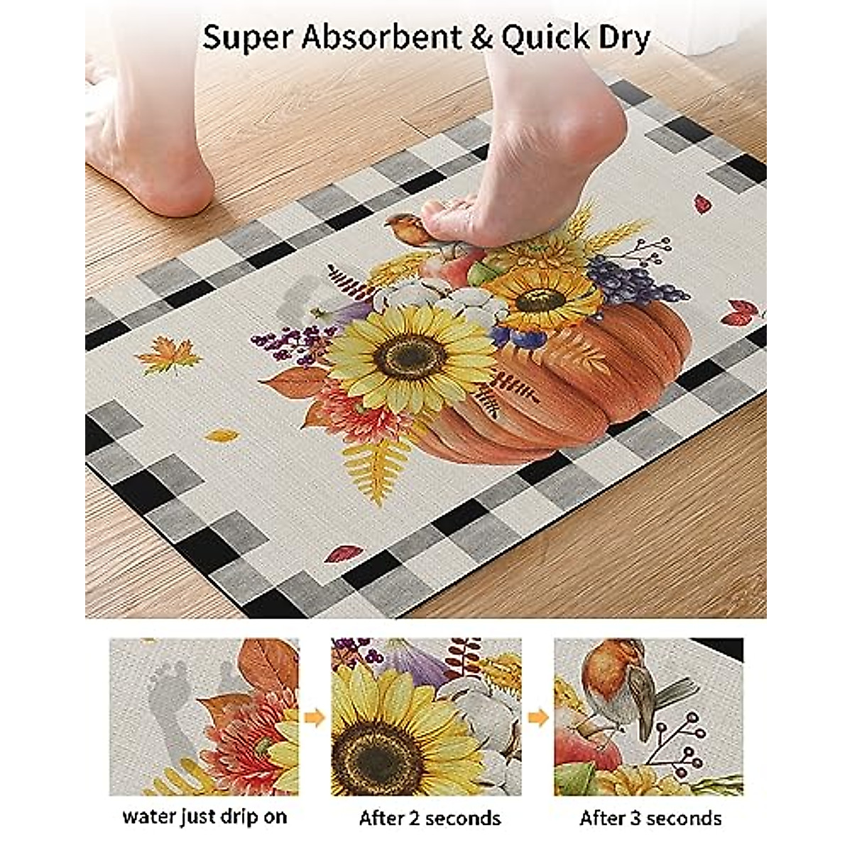 Bathroom Floor Shower Mat, Non-Slip Small Rugs - Easy to Clean, Thanksgiving Pumpkin Sunflower Maple Leaf Durable Bath Rug 16"x24" Washable Quick Dry Diatomaceous Earth Mats for Bathtubs
