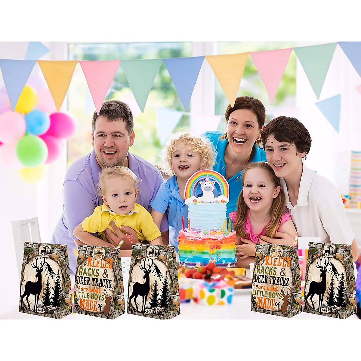 XGELUL Deer Hunting Party Favors Candy Bags with Stickers - Camo Goodie Gift Treat Bags - Deer Hunting Themed Birthday Party Supplies