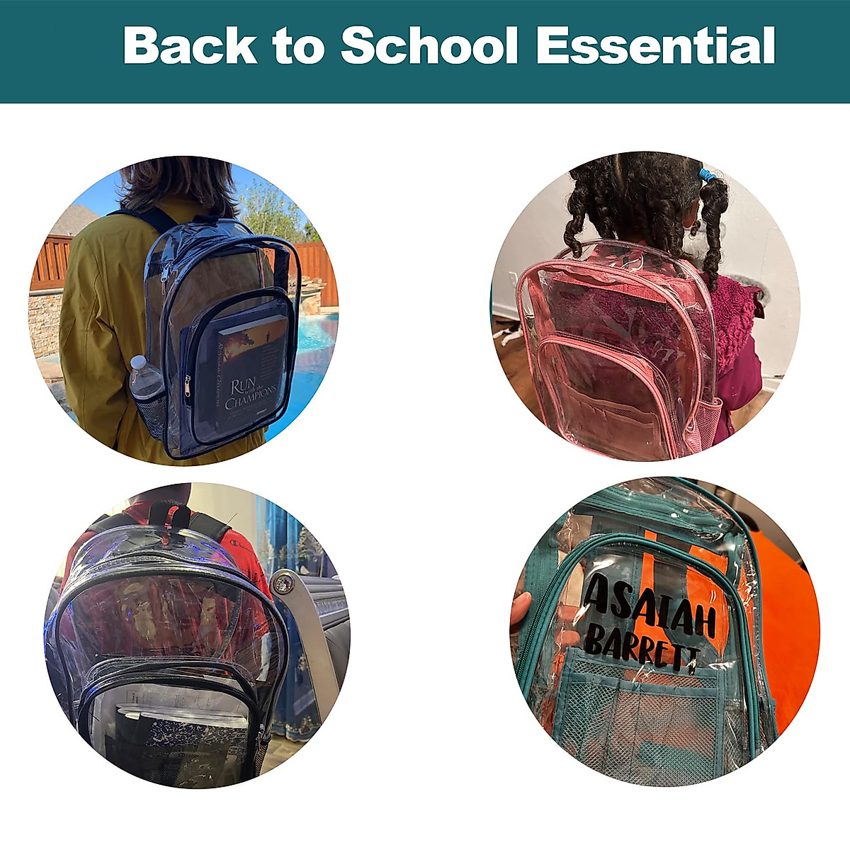 Clear Backpack Heavy Duty with Reinforced Straps, Side Pockets for Kids, Boys, Girls, School - Turquoise,Teal