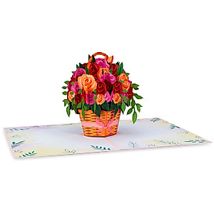 Paper Love 3D Rose Basket Romantic Pop Up Card, For Valentines Day, Mothers Day, All Occasions - 5" x 7" Cover - Includes Envelope and Note Tag