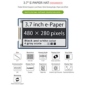 waveshare 3.7inch E-Paper E-Ink Display HAT Compatible with Raspberry Pi4B/3B+/3B/2B/B+/A+/Zero/Zero W/WH/Zero 2W 480×280 Pixels Black/White 4 Grey Scales SPI Interface Supports Partial Refresh