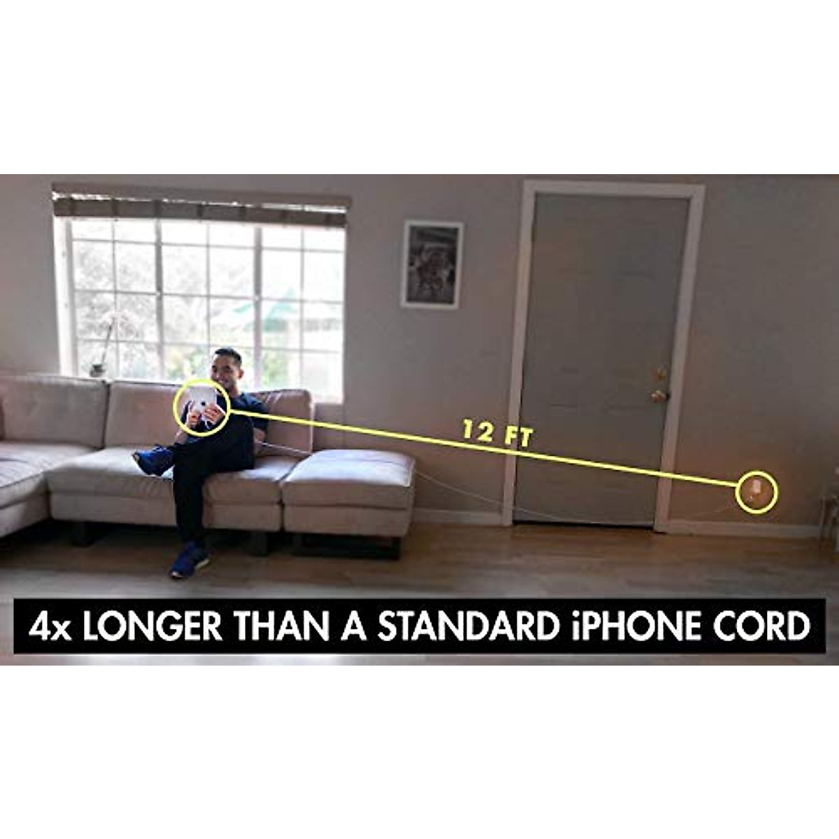 vCharged 12 FT Longest 2 Pack MFi Certified Lightning Cable Nylon Braided USB Long iPhone Charger for Apple iPhone 14 Pro Max, 13, 12, 11/Mini/XR, XS, X, 8, 7, 6, iPad, Airpods, Updated Cables - White