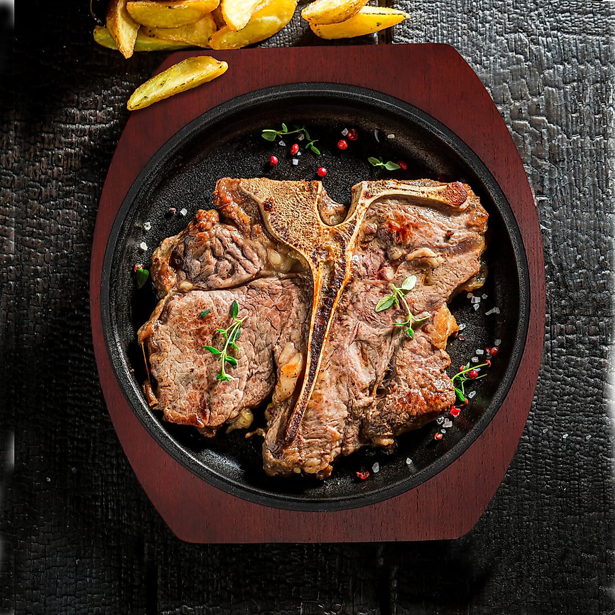 VIKKSAER 10.2" Cast Iron Steak Plate, Sizzling Plate with Wooden Base & Hot Plate Gripper, Steak Pan Grill Fajita Server Plate for Restaurant Home Kitchen Cooking Accessory