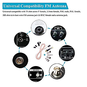 Fancasee Universal FM Antenna Dipole 75 Ohm F Male Push On Plug Coax Coaxial Cable Antenna with PAL 3.5mm BNC Jack Connector & 75 to 300 Ohm Adapter FM Radio Antenna for Home AV Stereo Receiver Indoor