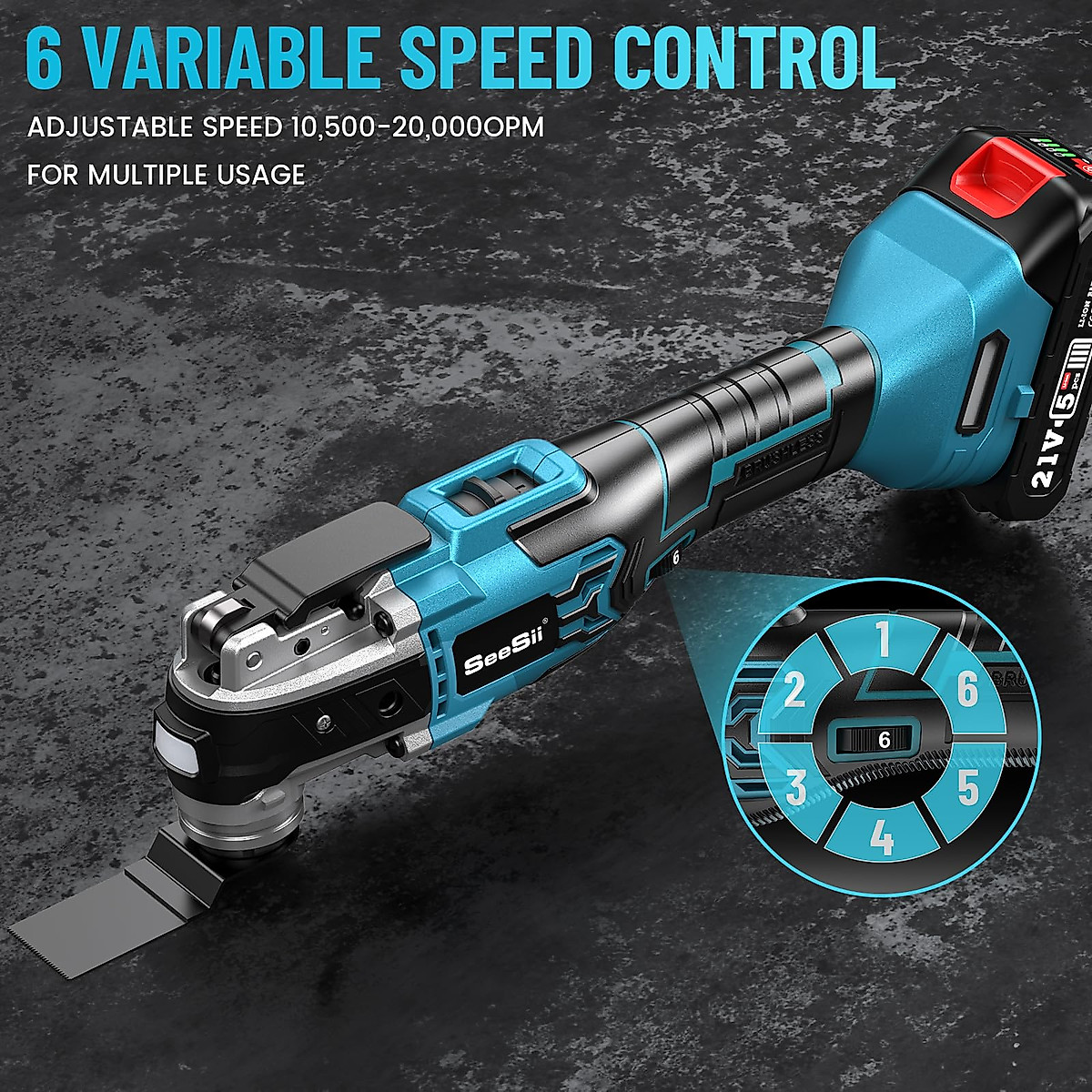 Seesii 21V Cordless Oscillating Tool, Brushless Oscillating Saw with 6 Variable Speeds, 3° Oscillation Angle, Quick-Change Multi-Tool, 24PCS Accessories, 2.0Ah Battery for Cutting, Sanding, Scraping