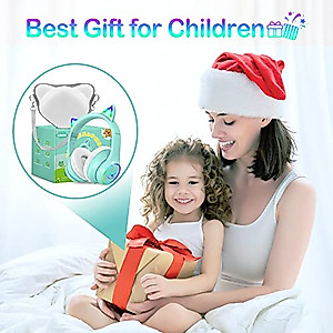 LOBKIN Bluetooth 5.3 Kids Headphones with Case - RGB LED Light Up Cat Ears Foldable Adjustable On-Ear Headset Support Wireless or 3.5mm Wired Mode for Toddler & Girls & Boys Teens (Green)