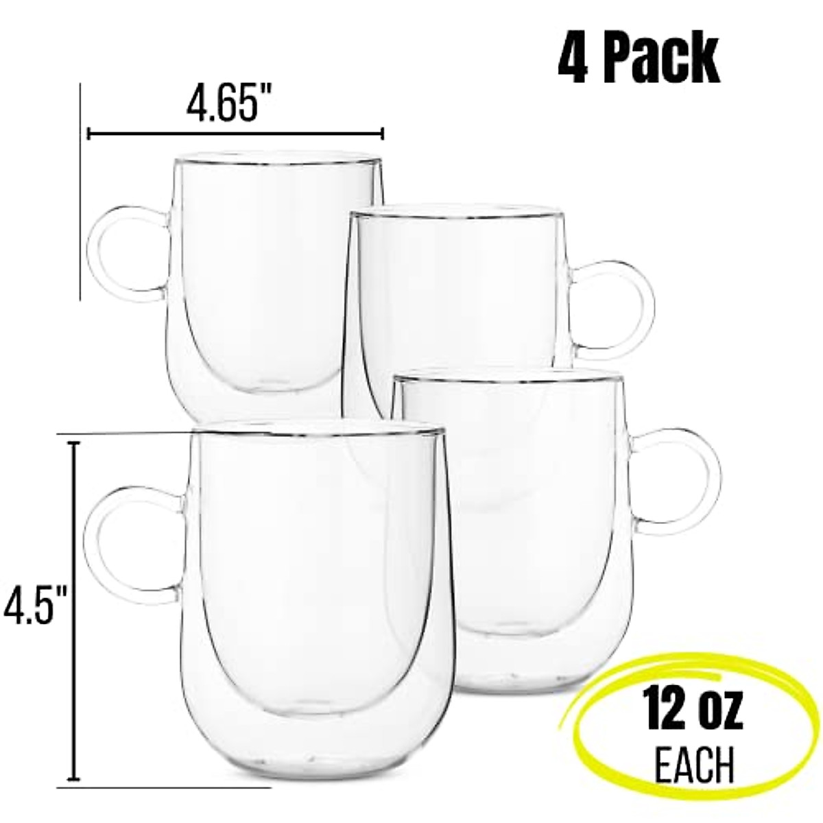 BTaT- BarrelShape Mugs, 4 Pack, 12 oz (350 ml), Glass Coffee Mugs, Clear Coffee Mug, Double Wall Glass Coffee Mugs, Glass Mugs, Latte Cup, Glass Tea Cups, Insulated Coffee Cups, Clear Mug