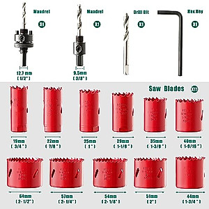 Bi-Metal Hole Saw Kit, HYCHIKA 17 Pcs High Speed Steel 3/4" to 2-1/2" Hole Saw Set in Case with Mandrels, Hole Saw Bit, Hole Saw for Thin Metal, Hard Wood, Drilling PVC Board, and Plastic Plate