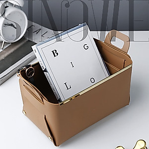 Decorative Faux Leather Basket,Small Catchall Basket for Entryway Bedside Dresser End table,Collapsible Rectangle Tray Organizer Box,Set of 2,Brown