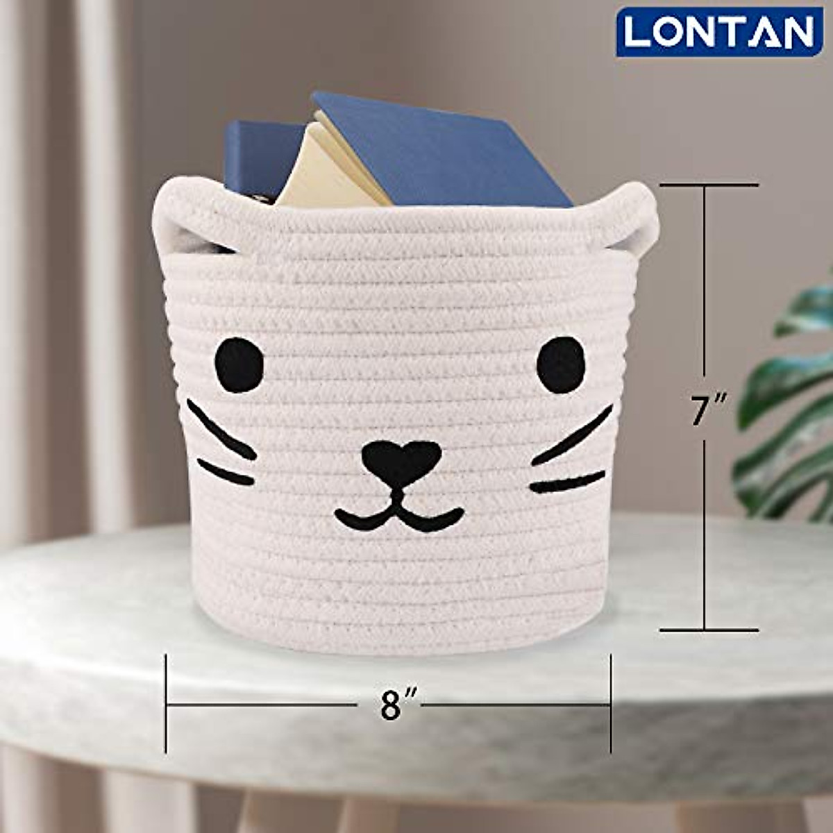 8''X7'' Small Baby Hamper White Cotton Rope Basket | LONTAN Washable Baby Nursery Hamper Cute Cat Design Baby Gift Basket Collapsible Organizer for Snacks, Pen