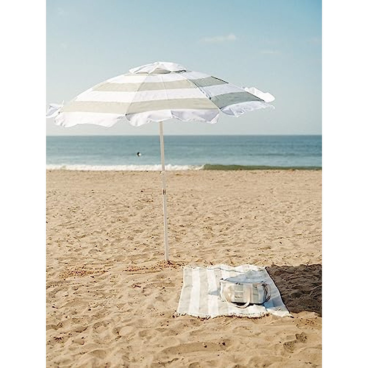 Business & Pleasure Co. Family Beach Umbrella - Premium & Lightweight 6' Beach Umbrella - UPF 50+ Blocks 98% UV - White Aluminum Pole - Sage Capri Stripe