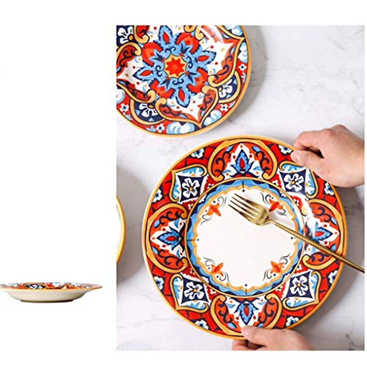 Fine Dinnerware Set,4 Pieces Rustic Style Red Vintage Pattern Ceramic Tableware Porcelain Plate Bowl Mug Dinner Gift