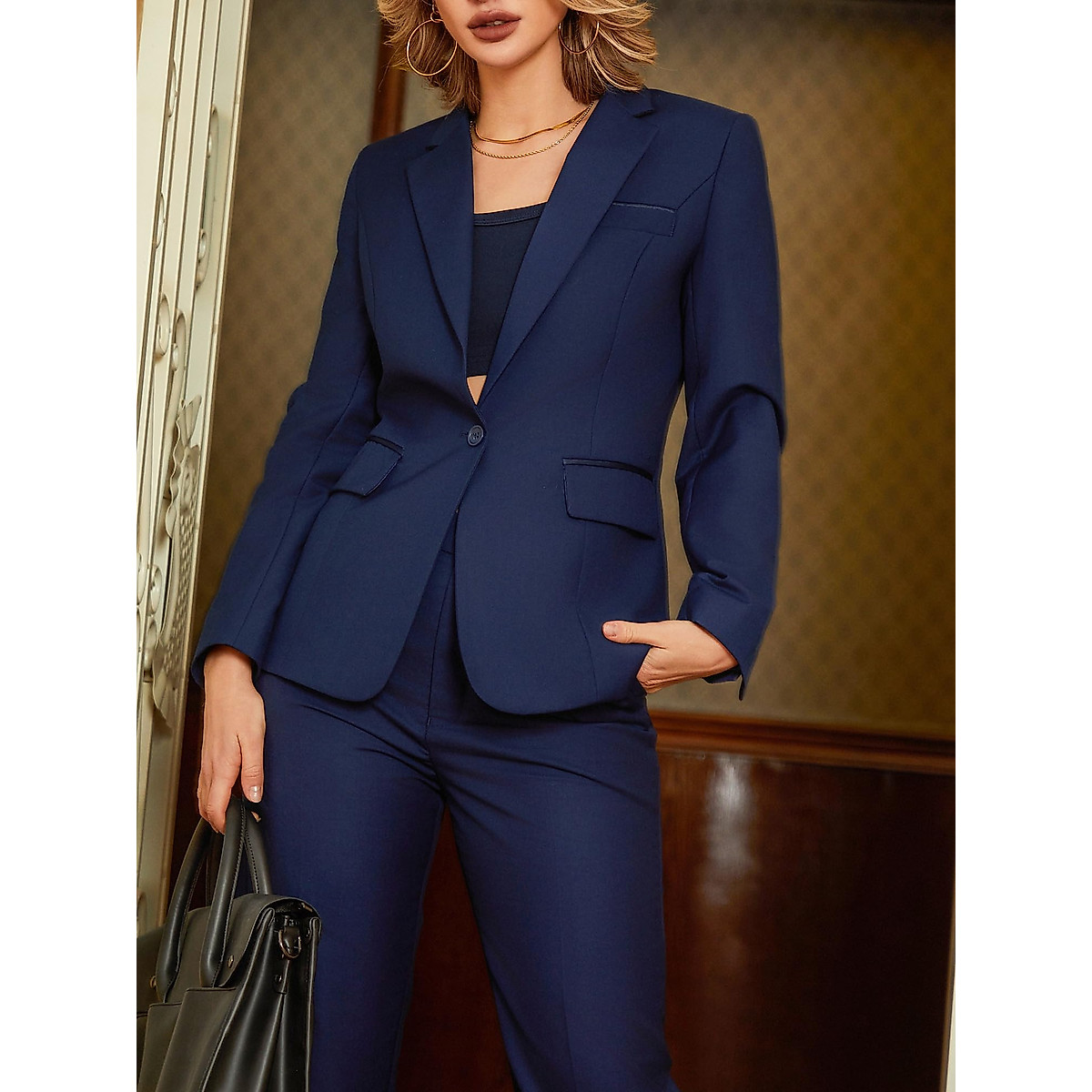 Kelyaa Women's 2 Piece Suit Notched Lapel One Button Slim Fit Business Office Work Tuxedo Blazer Pants Set Navy Blue