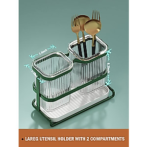 FEIJSQIU Utensil Holder with 2 Compartments Cooking Utensil Holder for Cooking Tools Storage and Utensil Organizer Utensil Drying Rack has Tray at Bottom for Easy Drainage.Clean Easy (Green)
