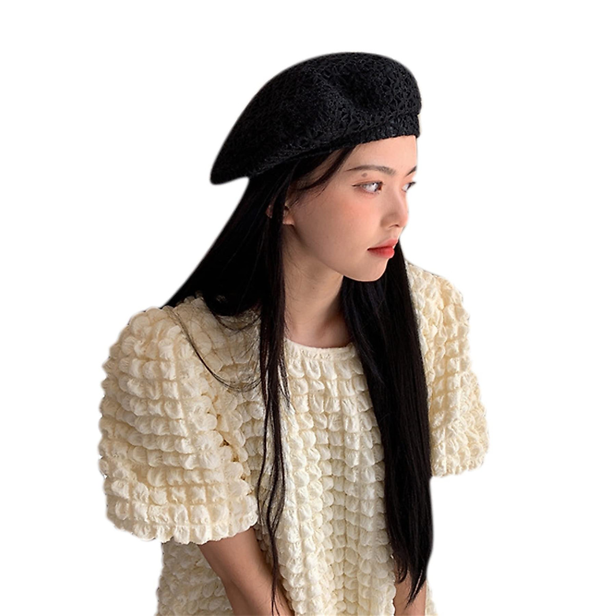 Women Lace Lightweight Beret Floral Hollow Out Hat Breathable French Beret Beanie Hat Cap for Spring Summer, Black