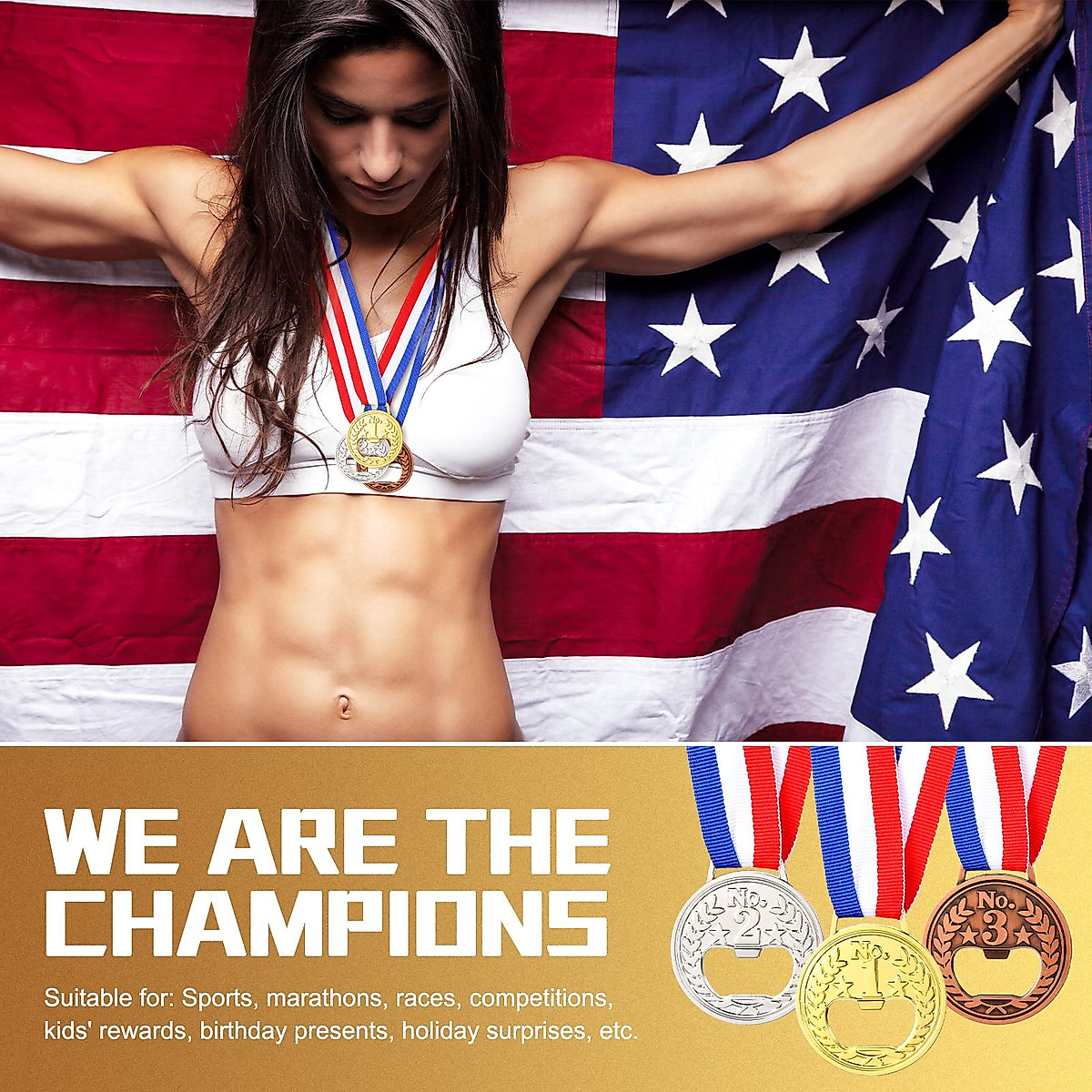 Honeydak Medal Shaped Flat Bottle Opener Winner Award Metal Wine Beer Opener Gold Silver Copper Medal Olympic Trophy Opener with Neck Ribbon for Bar Bartender Men Kitchen Restaurant Party (18 Pieces)