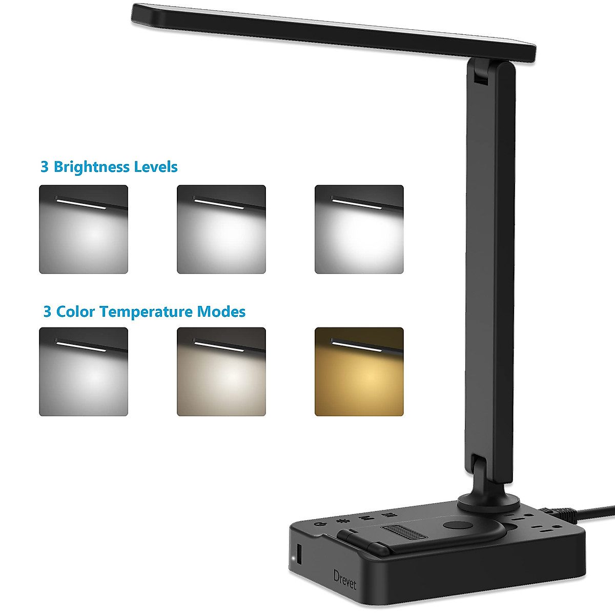 Drevet LED Desk Lamp with Wireless Charger, Desk Table Light with USB Charging Port and 2 Outlets, 3 Lighting Modes, 3 Level Brightness, 1H Timer, Touch Control, Eye-Caring Home Office Foldable Lamp