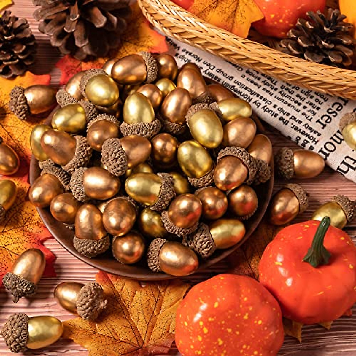 Noverlife 100PCS Golden Fake Acorns With Natural Cap, Artificial Simulation Set, Foam for Crafts, Thanksgiving Craft, Christmas Lifelike Small Ornament for Winter Decor
