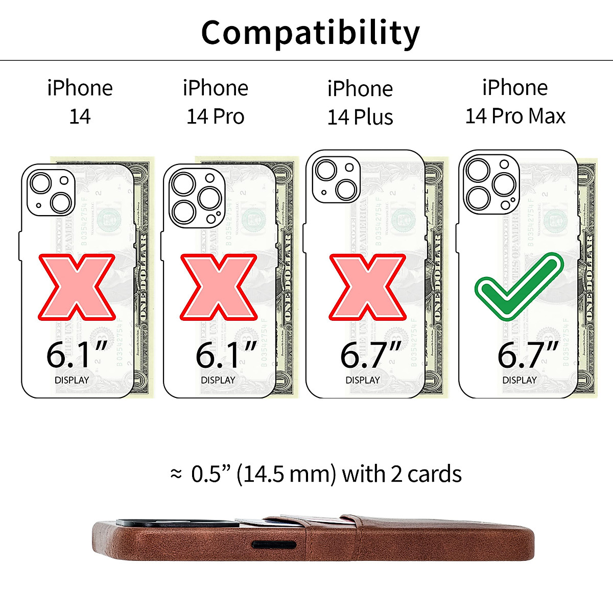 Dockem Card Case for iPhone 14 Pro Max with Built-in Metal Plate for Magnetic Mounting & 2 Pockets: Exec M2 Premium Synthetic Leather Wallet Case (iPhone 14 Pro Max, Brown)