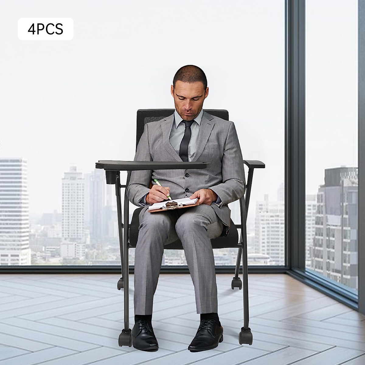 LOHISHILO 4pcs Mesh Guest Reception Stack Chair Tablet Arm Chair with Caster Arms for Office Conference, Reception, Training Room Chair, Schools, Meeting Rooms, Step Classrooms, Churches, Homes