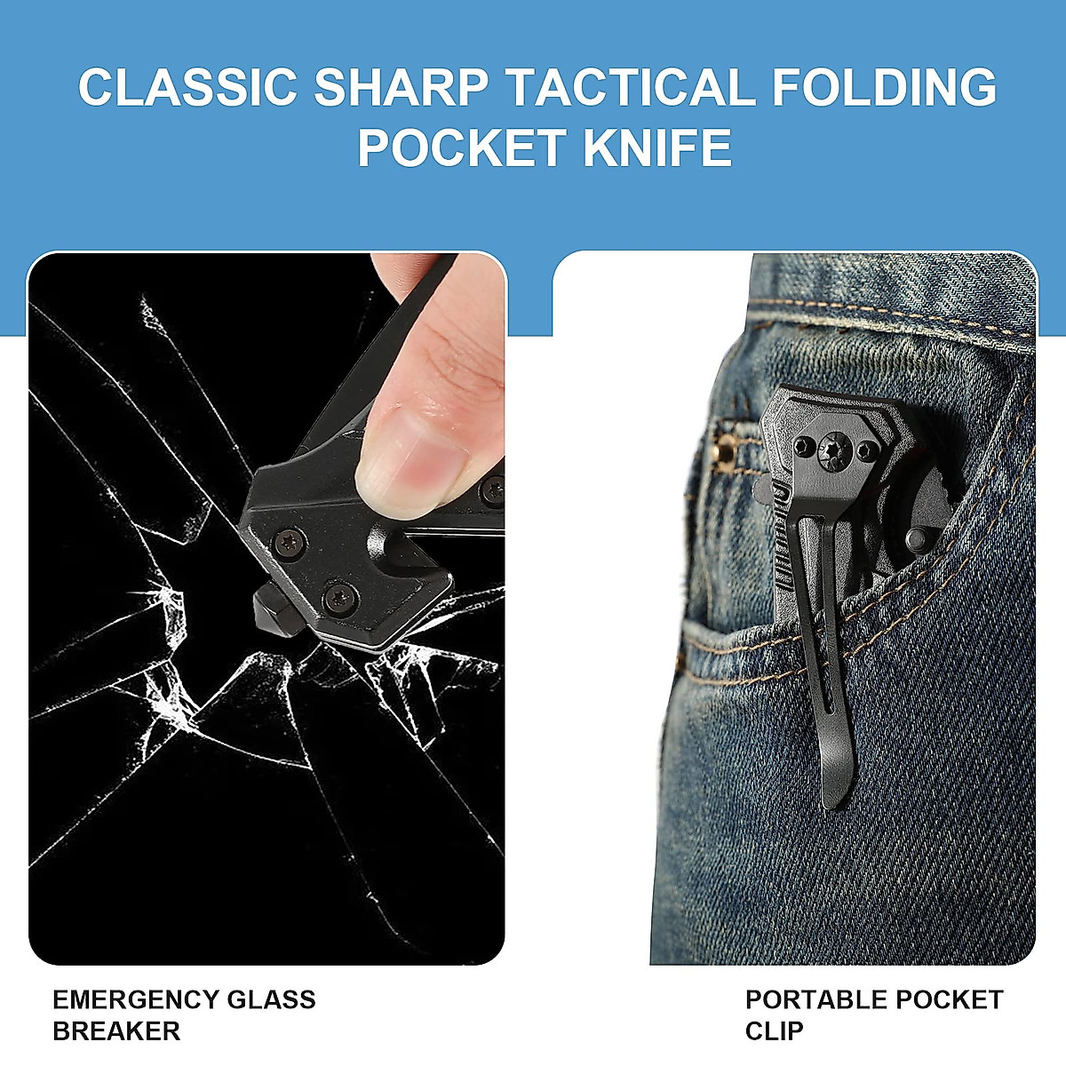 Folding Pocket Knives with Seatbelt Cutter ,Glass Breaker, Bottle Opener, Folding EDC Knife Multi-Function Emergency Tool for Men Women for outdoor survival, camping, hiking, hunting and fishing (Black_New 3-in-)