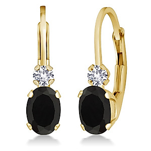 Gem Stone King 14K Yellow Gold Black Onyx and White Created Sapphire Leverback Earrings For Women | 0.86 Cttw | Gemstone December Birthstone | Oval 6X4MM, Round 2MM | 3/4 Inch