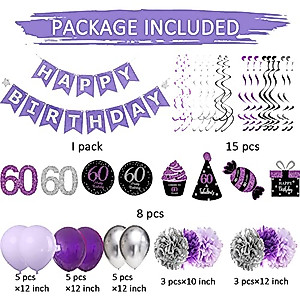 60th Birthday Decorations Women Purple Silver/Women 60th Birthday Party Decorations Purple Silver Black Foil Hanging Swirls with Balloons for Women 60 Birthday Party Supplies