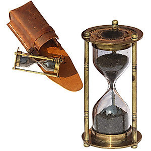 Antique Sand Timer 1 Minute Duration Decorative Nautical Vintage Style Brass Hourglass Safety Leather Case Clock Unique Hour Glass Sandglass for Office Desk Home Kitchen by Marine International