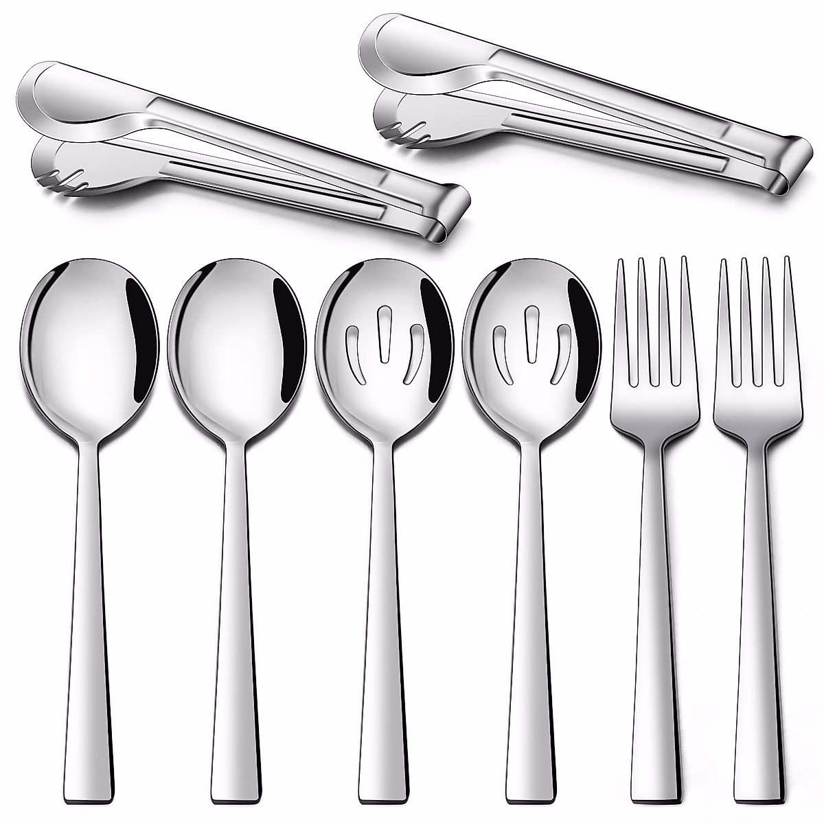 LIANYU Serving Utensils, Stainless Steel Serving Spoons Set of 8, Include 2 Serving Spoons, 2 Slotted Spoons, 2 Serving Forks, 2 Metal Tongs for Kitchen Buffet Party Banquet Entertaining